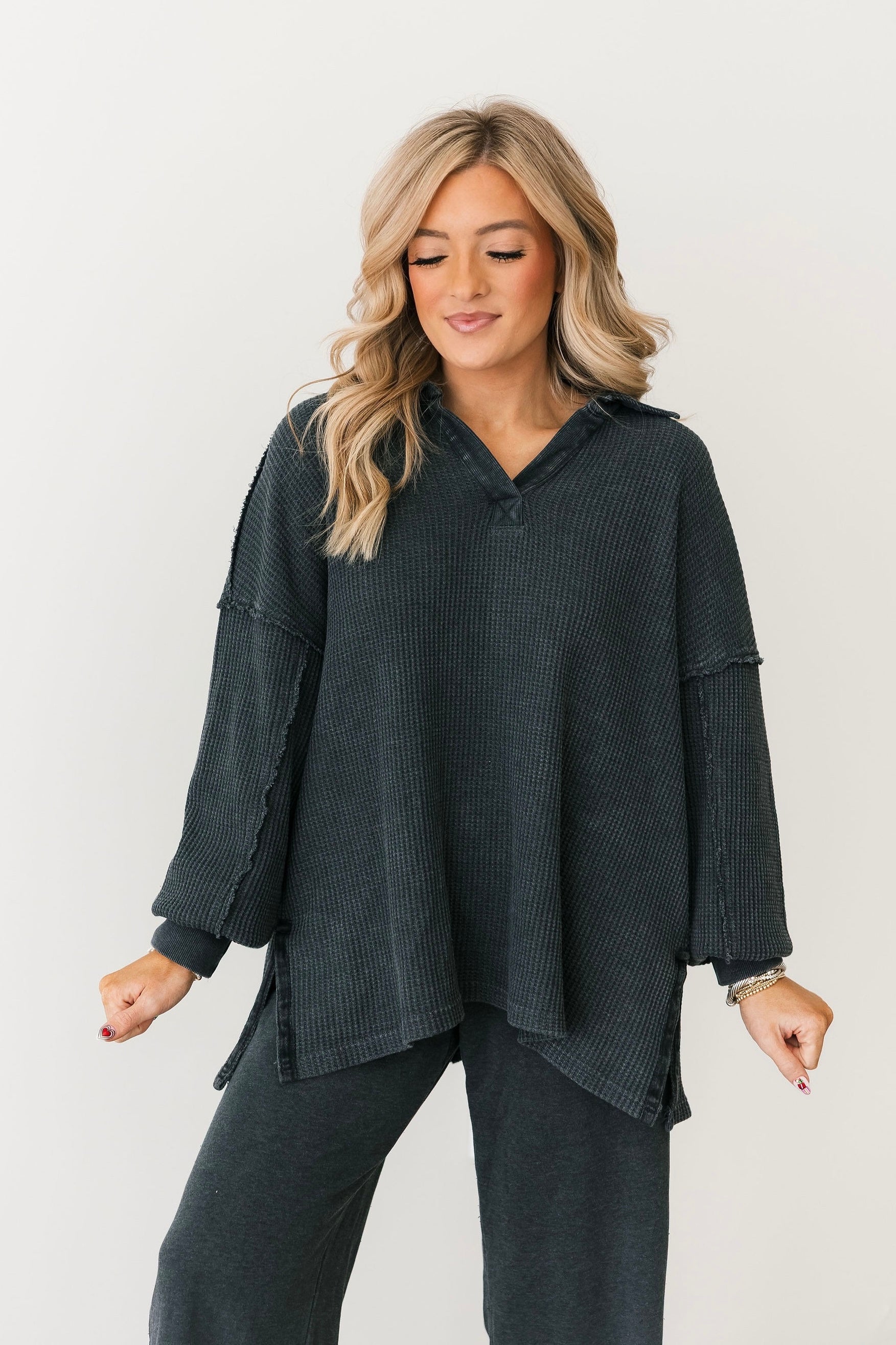 Waffle Knit V-Neck Pullover | Grey Lexi Jade's Boutique