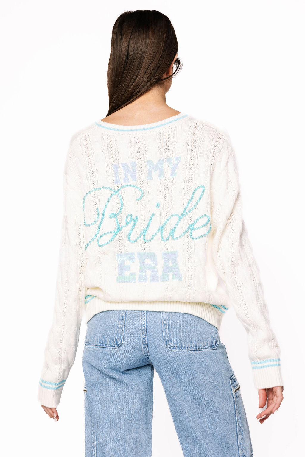 White & Blue 'In My Bride Era' Sequin & Pearl Button Up Cardigan ...