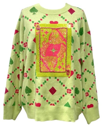 Light Green Multi QOS Card Logo & Suits Sweater | Queen Of Sparkles ...