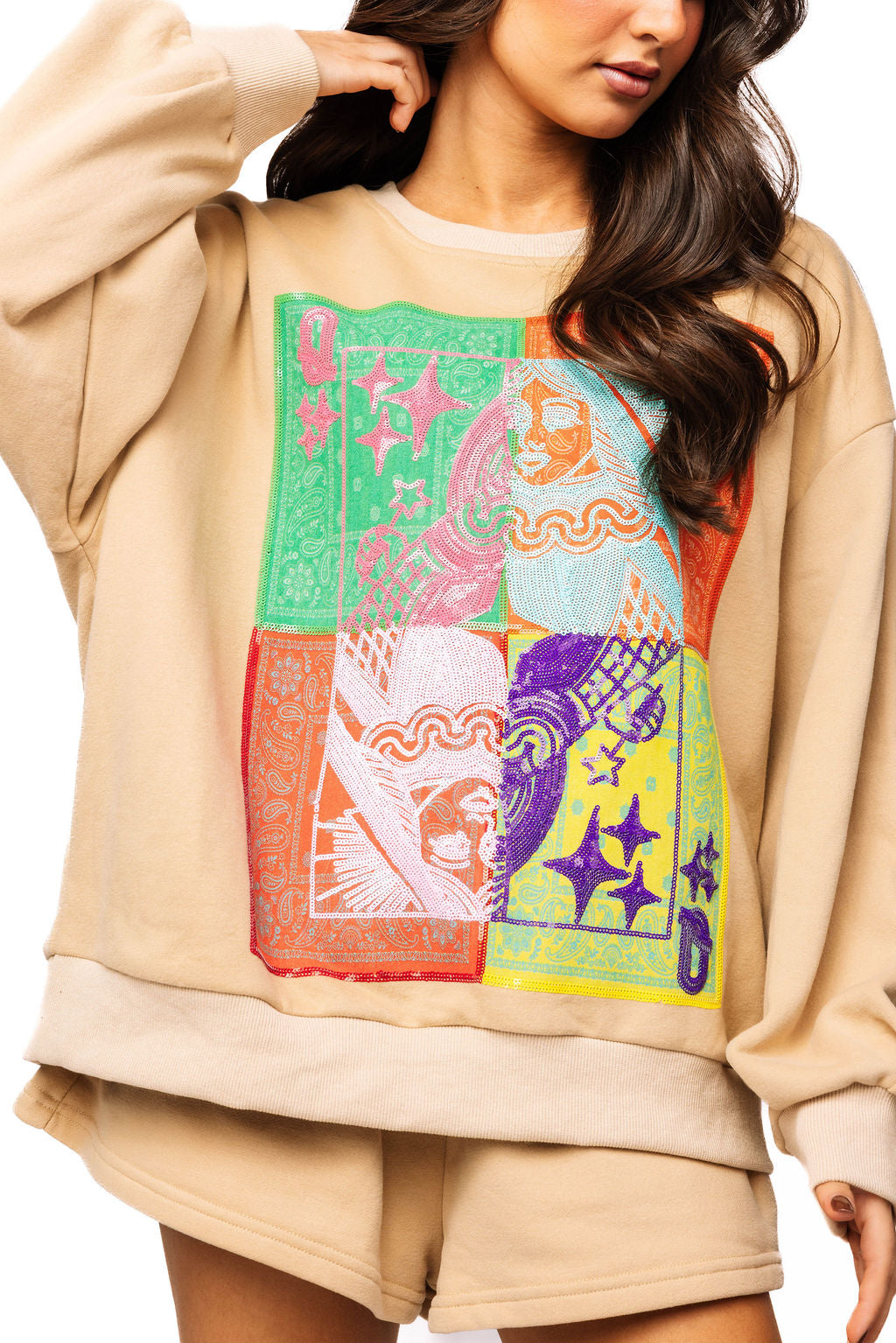 Beige Colorblock Bandana QOS Card Logo Short | Queen Of Sparkles Lexi ...