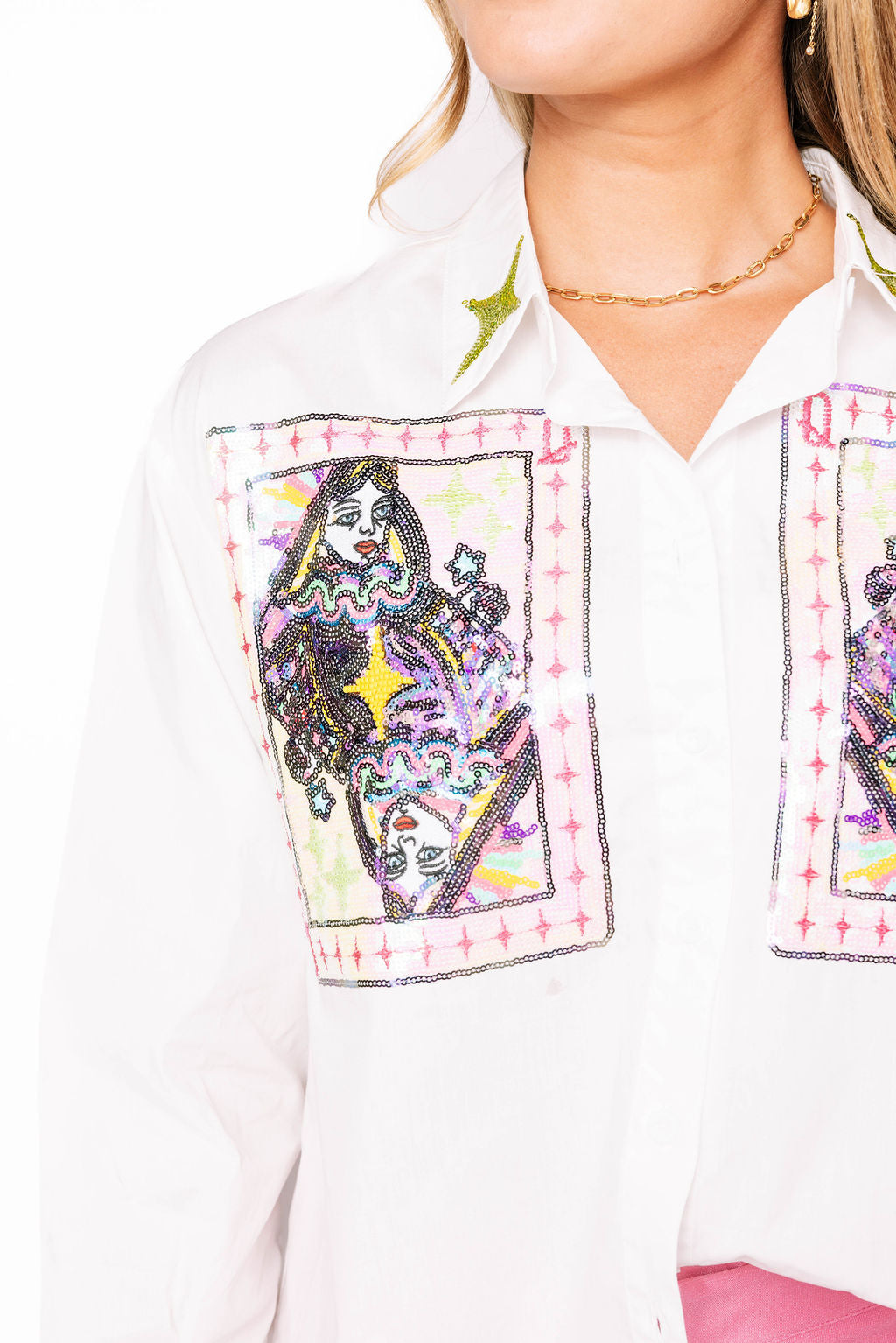 White Queen Card & Sparkle Collar Button Up Cotton Top | Queen Of ...