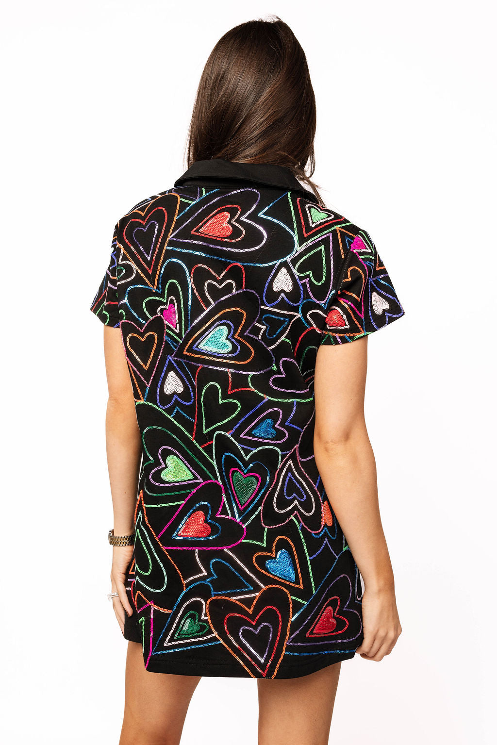 Black Groovy Heart Collared Short Sleeve Dress | Queen Of Sparkles Lexi ...
